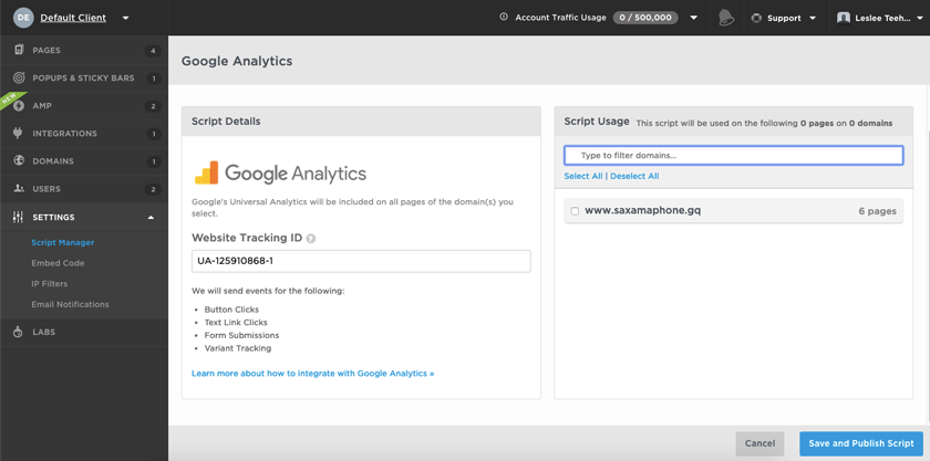 Integrando Google Analytics com Unbounce
