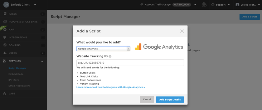 Integrando Google Analytics com Unbounce